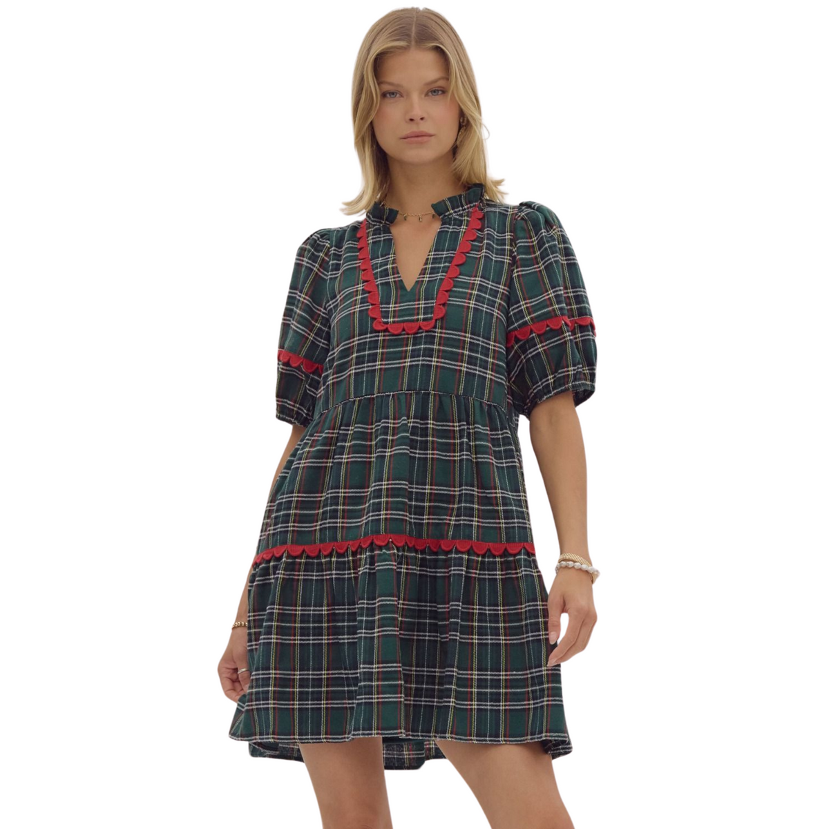 Plaid Print Dress with Scallop Trim Detail – Fairley Fancy